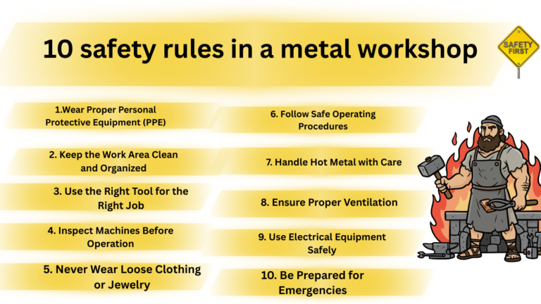 What are 10 safety rules in a metal workshop?